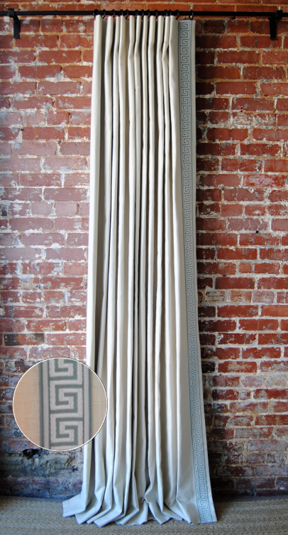 Solid Drapery Panel with Greek Key Trim- classic linen drape with trim ...