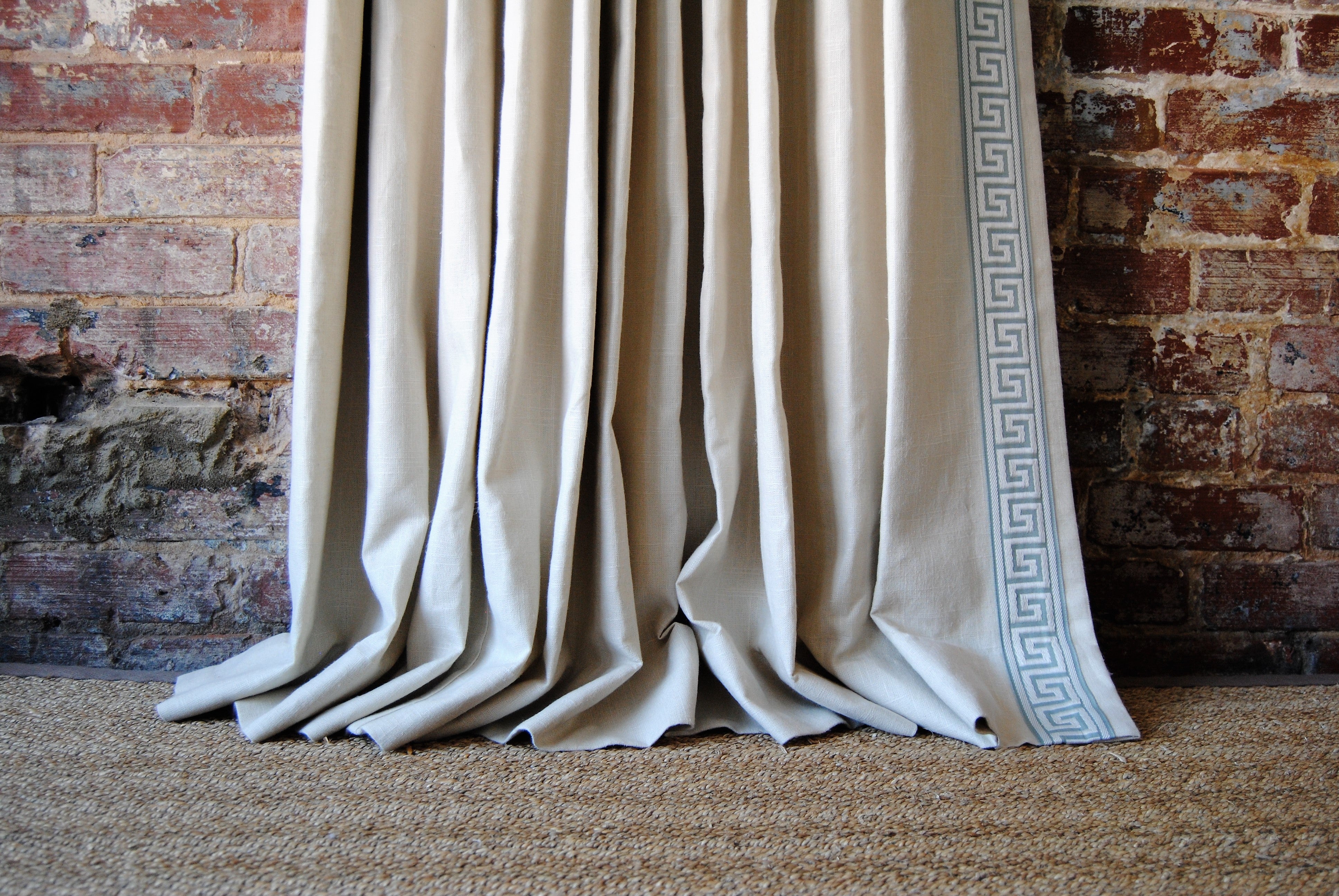 Solid Drapery Panel with Greek Key Trim- classic linen drape with trim ...